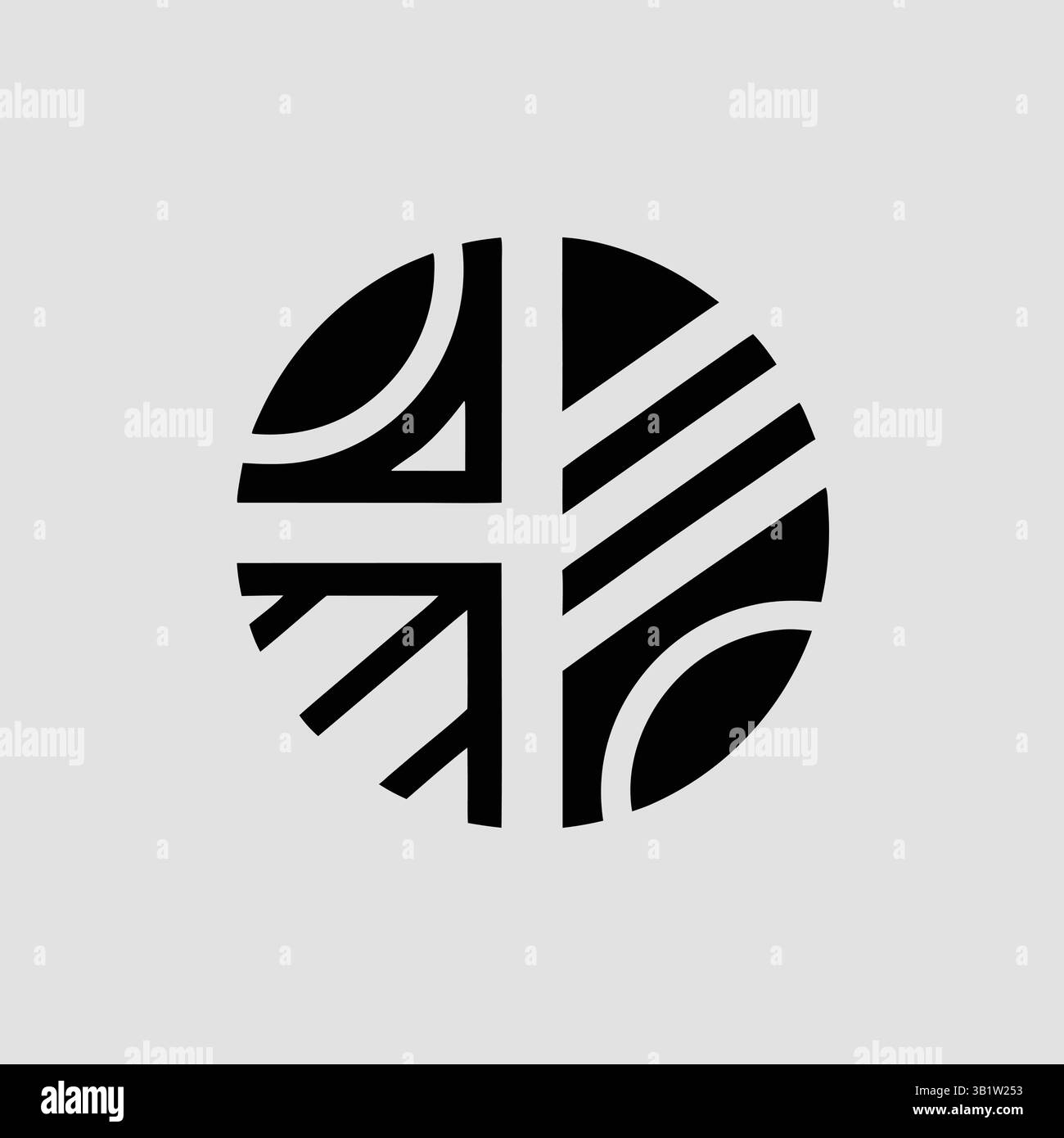Abstract circular logo with a quartered design featuring lines and ...