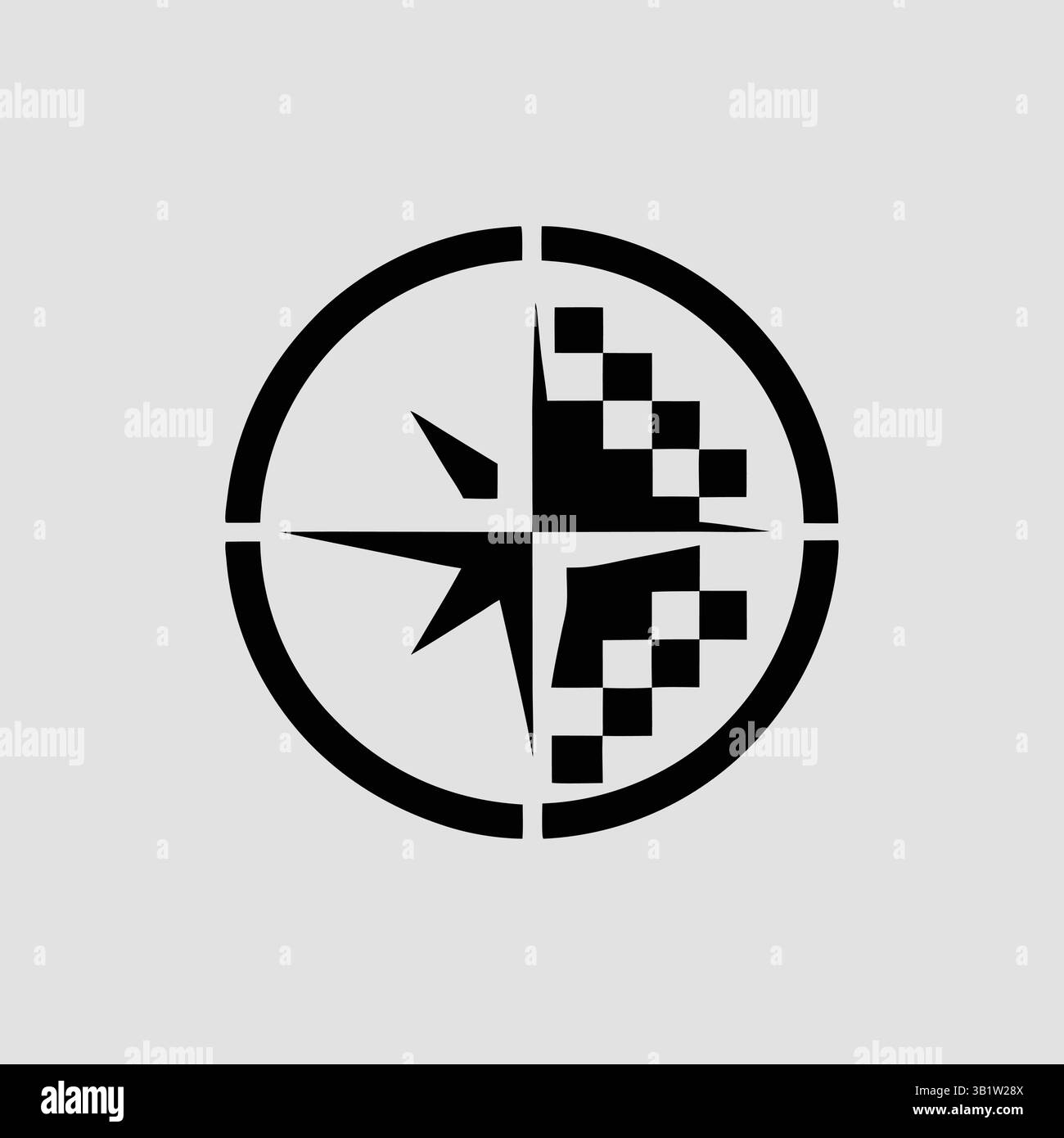 Compass rose with pixelated design inside a segmented circle on a light ...