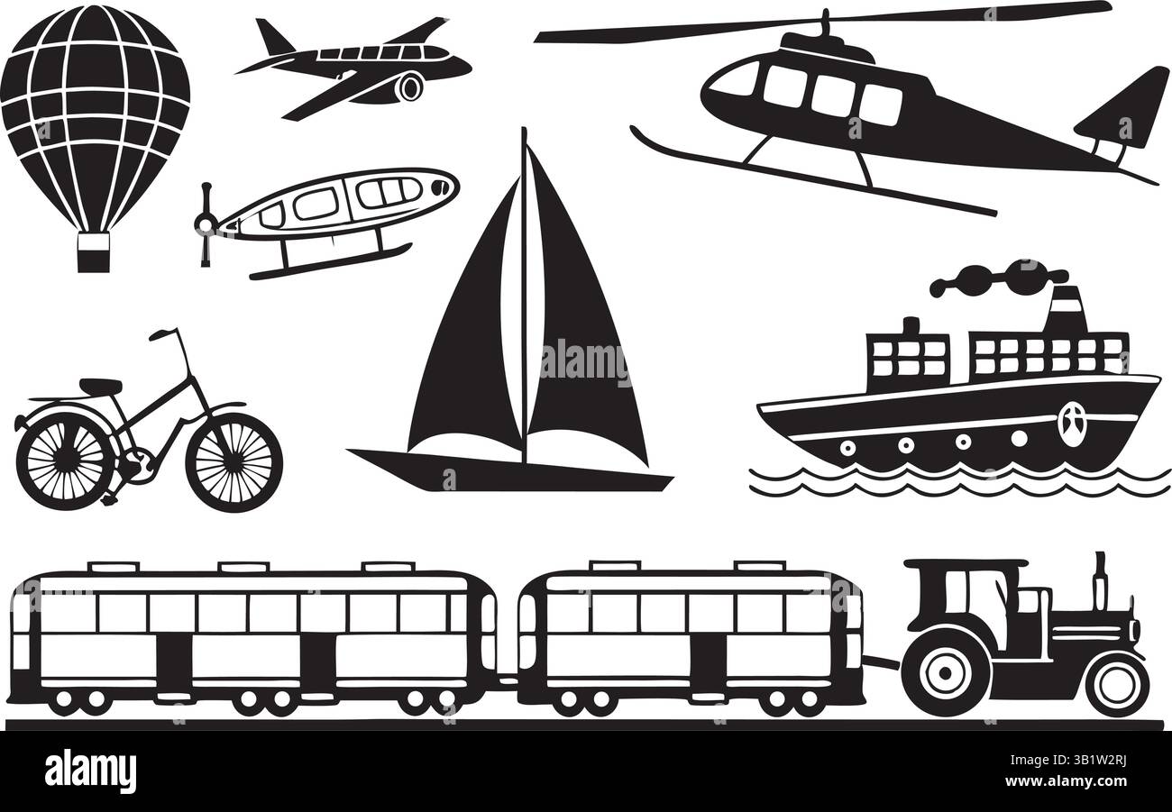 Transport Silhouettes Set | Vector Vehicles, Trains, Boats, Bikes ...