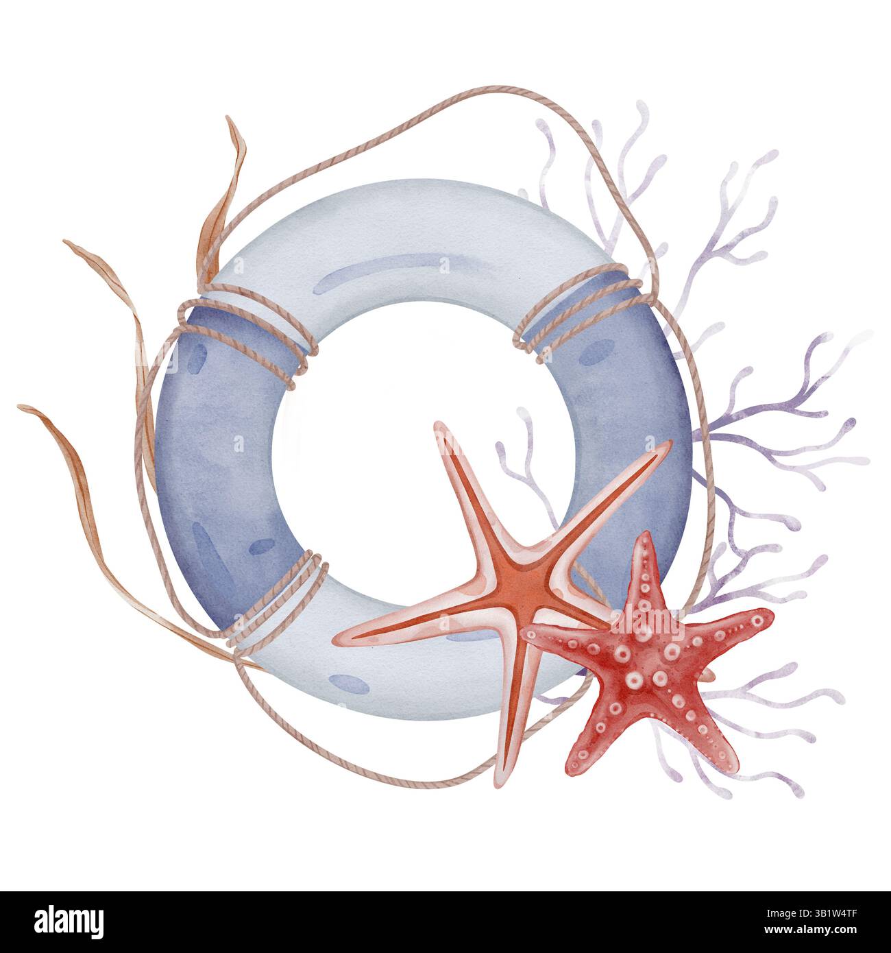 Watercolor illustration sea lifebuoy light blue and white safeties ring ...