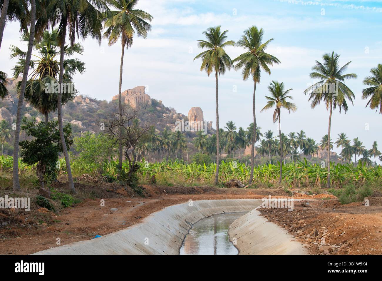 Watering system canal, agricultural fields near Hampi, South India ...