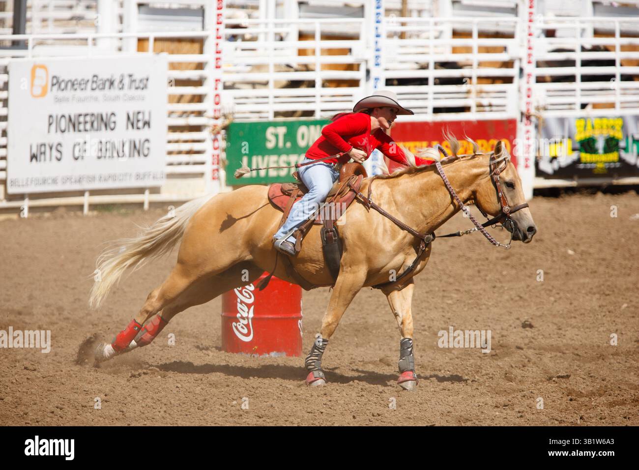 Barrel racing competition at the 90th annual Black Hills Roundup rodeo ...