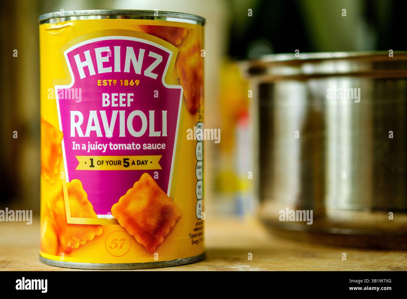 London UK, April 26 2025, Can of Heinz Beef Ravioli in Tomato Sauce ...
