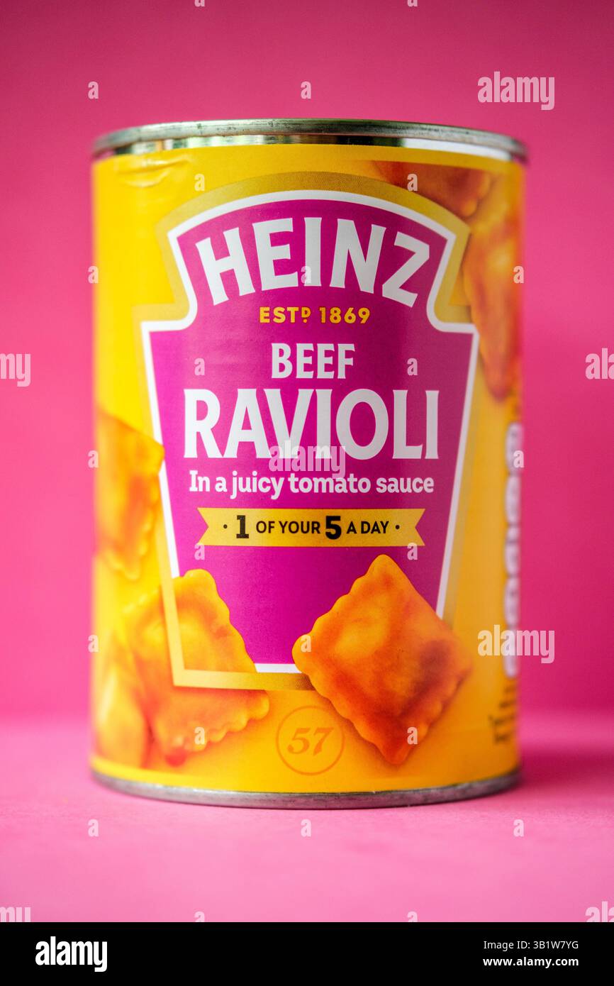 London UK, April 26 2025, Can of Heinz Beef Ravioli in Tomato Sauce ...