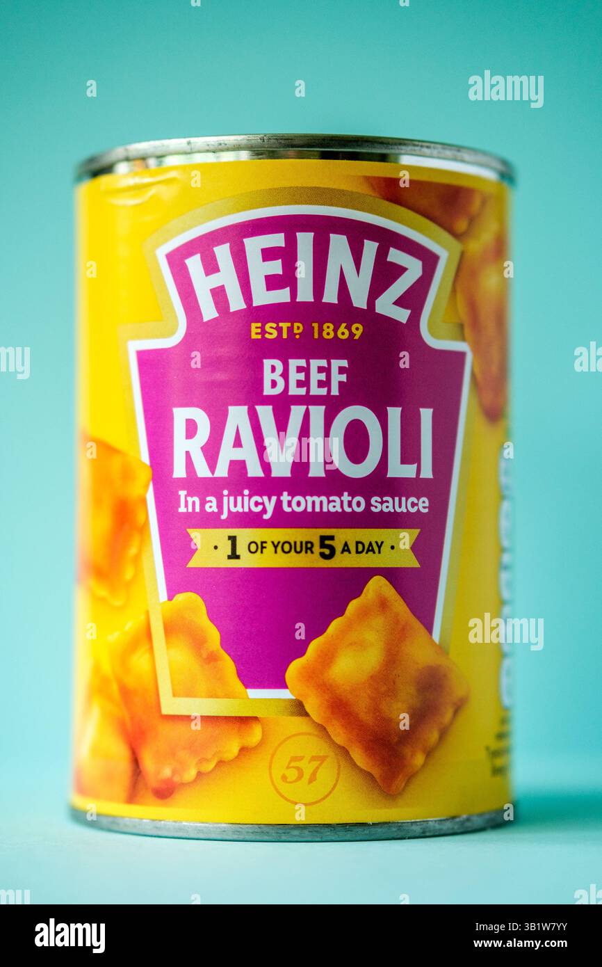 London UK, April 26 2025, Can of Heinz Beef Ravioli in Tomato Sauce ...