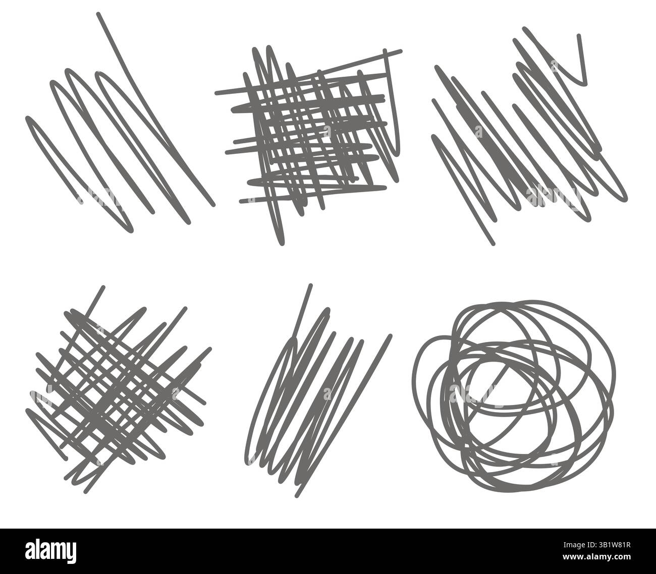 Six unique, abstract scribbled shapes are arranged in different ...
