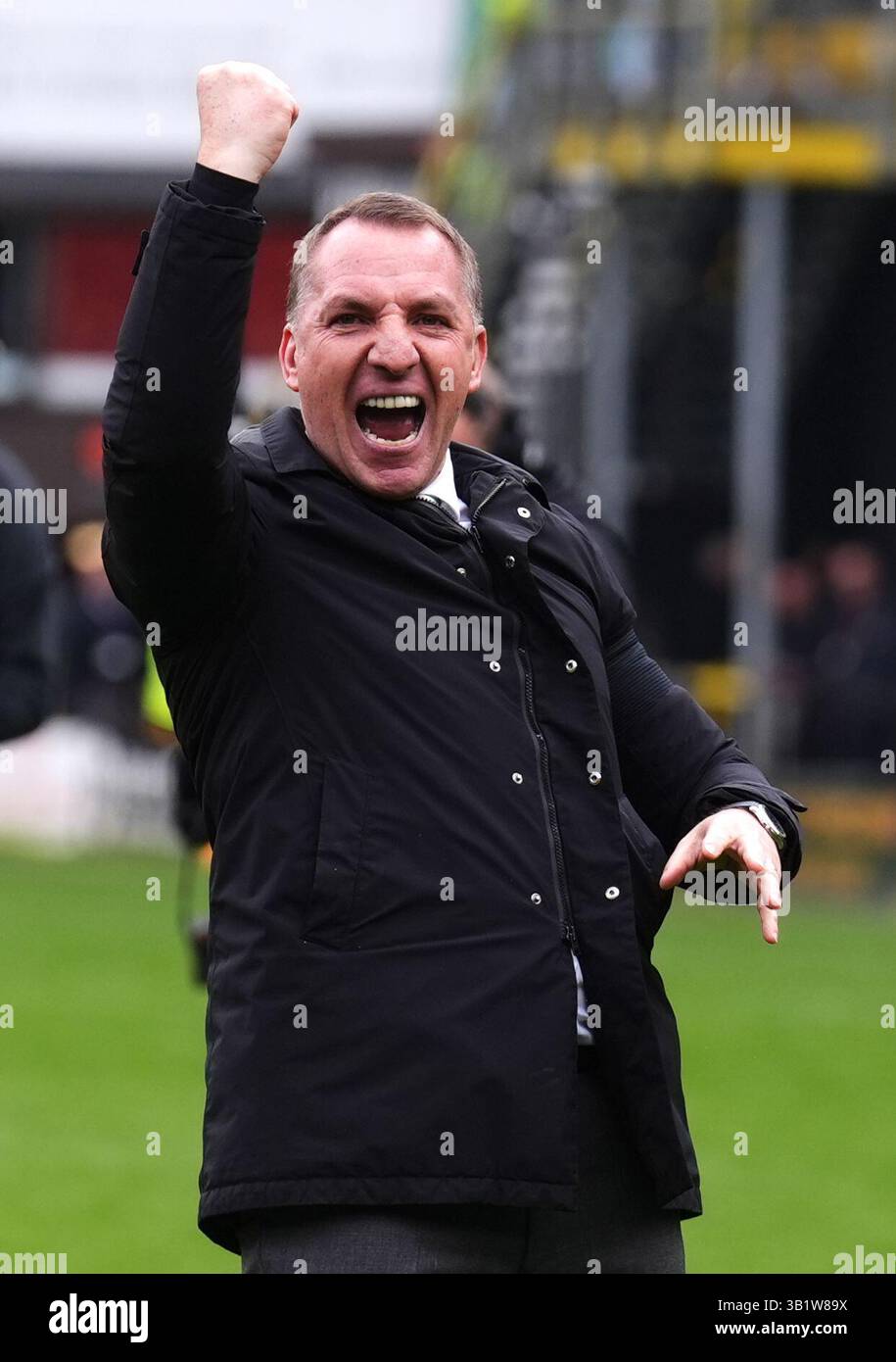 Celtic manager Brendan Rodgers celebrates victory in the William Hill ...