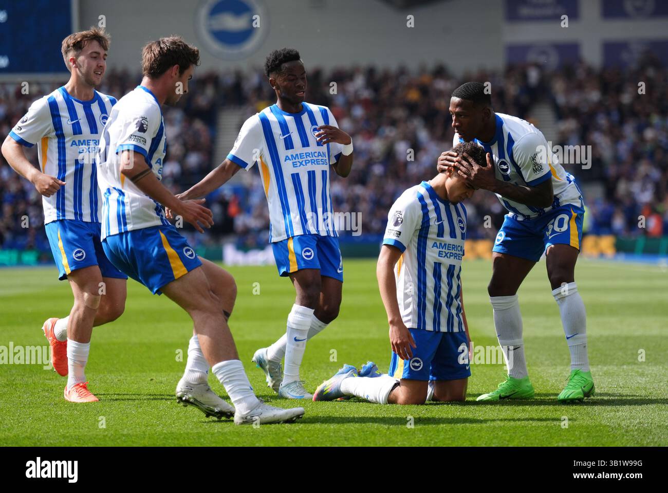 Brighton and Hove Albion's Yasin Ayari (second right) celebrates with ...