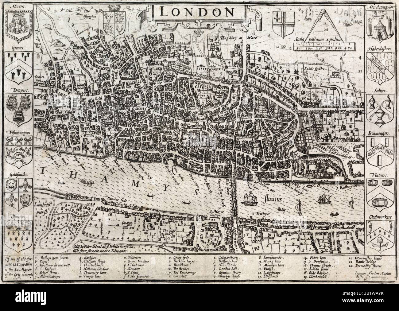Vintage map of London England published in 1593 by John Norden Stock ...