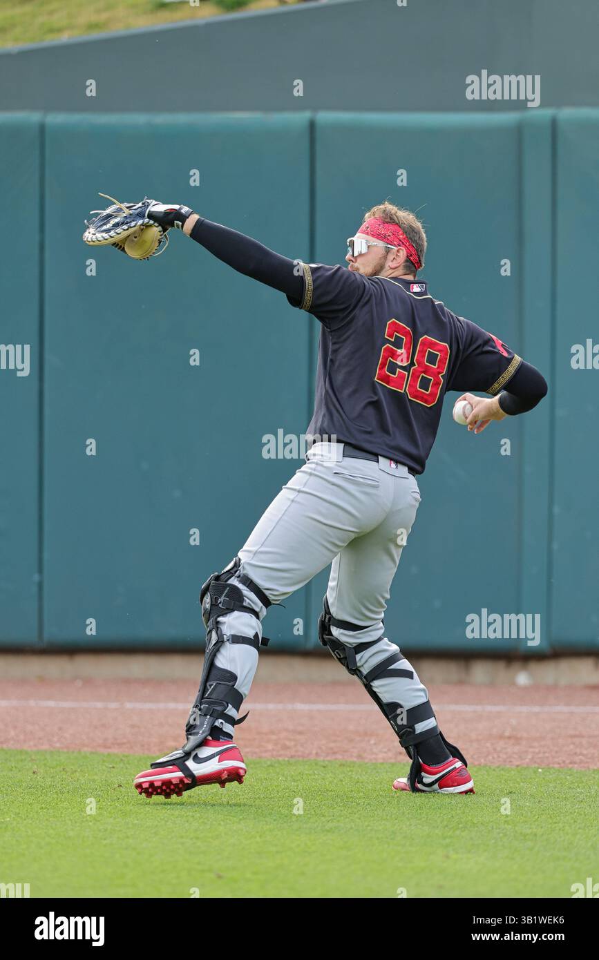 Winston-Salem, NC. USA; Rome Emperors catcher Harry Owen (28) warms up ...