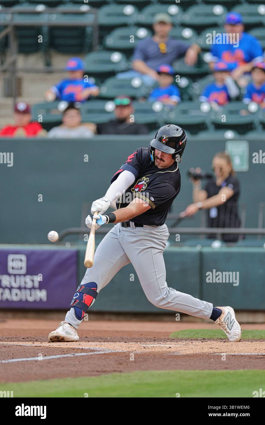 Winston-Salem, NC. USA; Rome Emperors first base Bryson Horne (27) hits ...