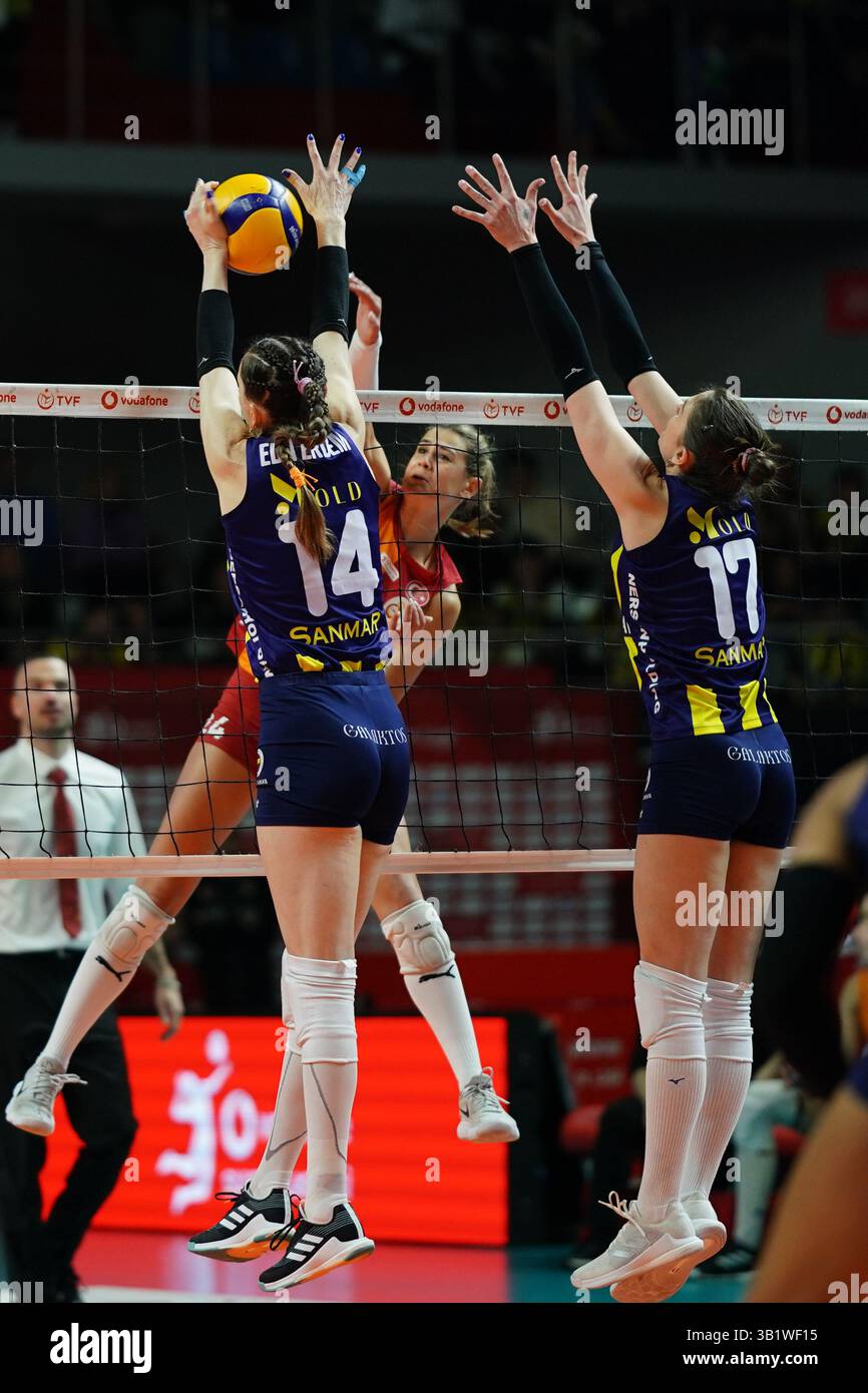 ISTANBUL, TURKIYE - APRIL 12, 2025: Eda Erdem Dundar and Bojana Drca in ...