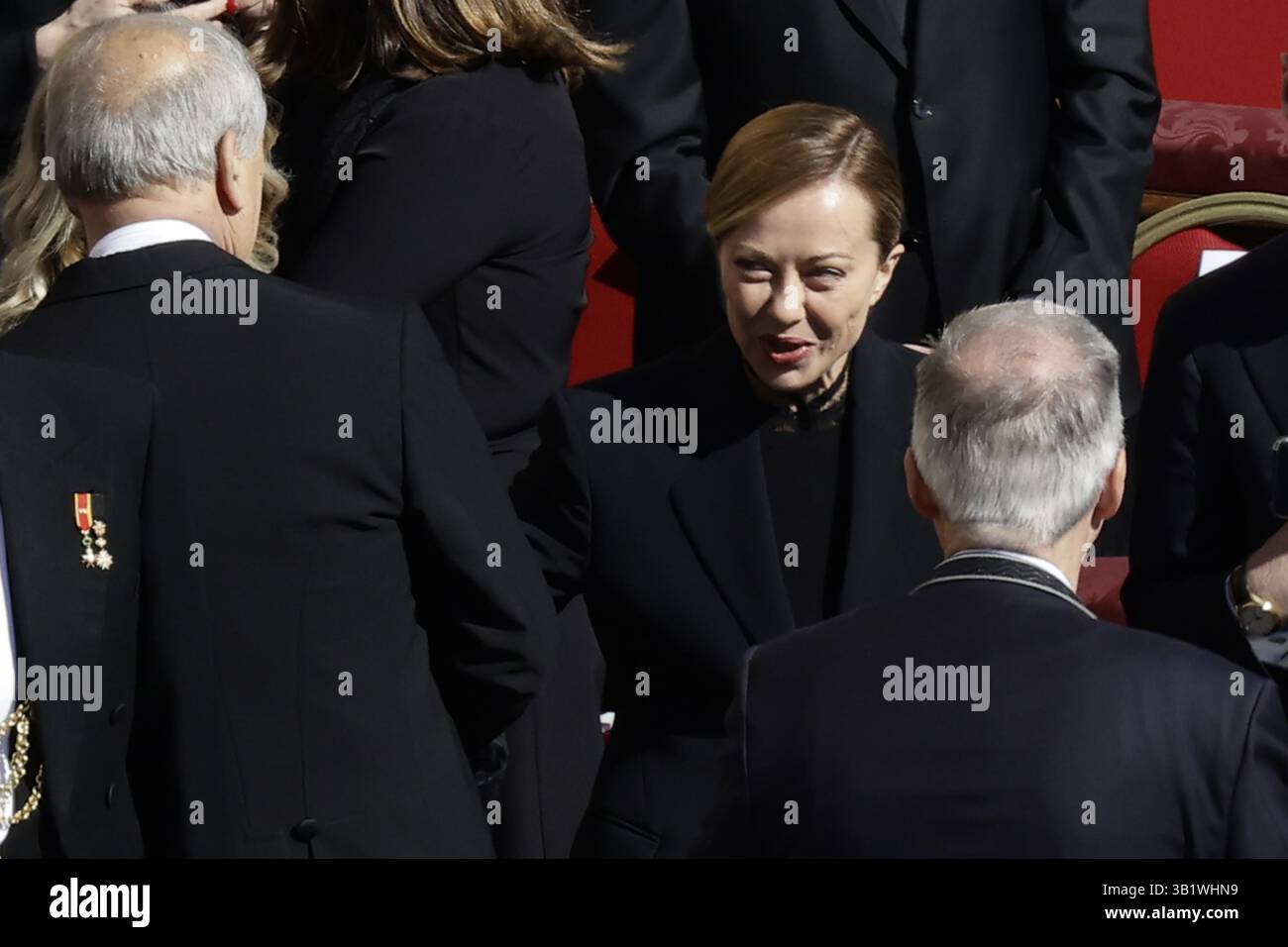 Rome, Italy. 26th Apr, 2025. Italian Premier Giorgia Meloni arrives in ...