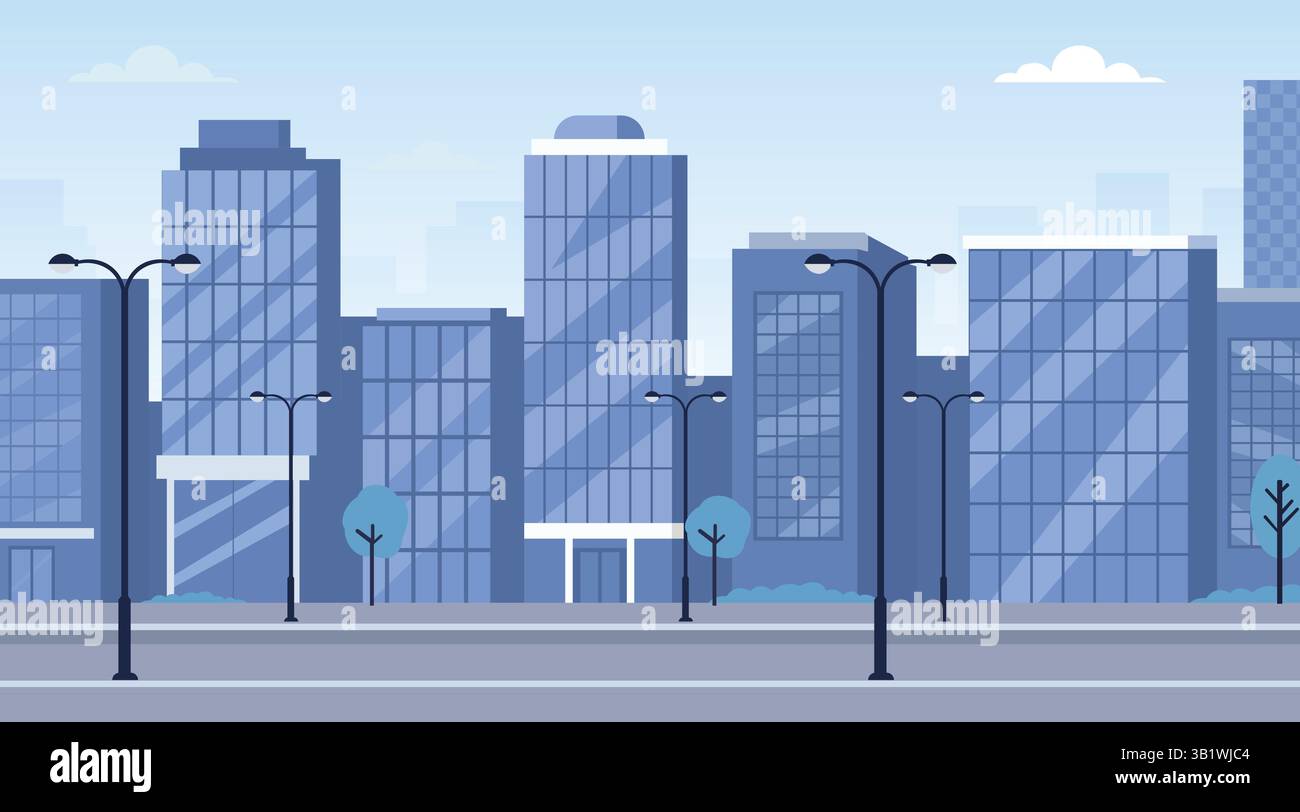 Flat Design Blue Urban Cityscape Vector- Modern City Skyline with ...