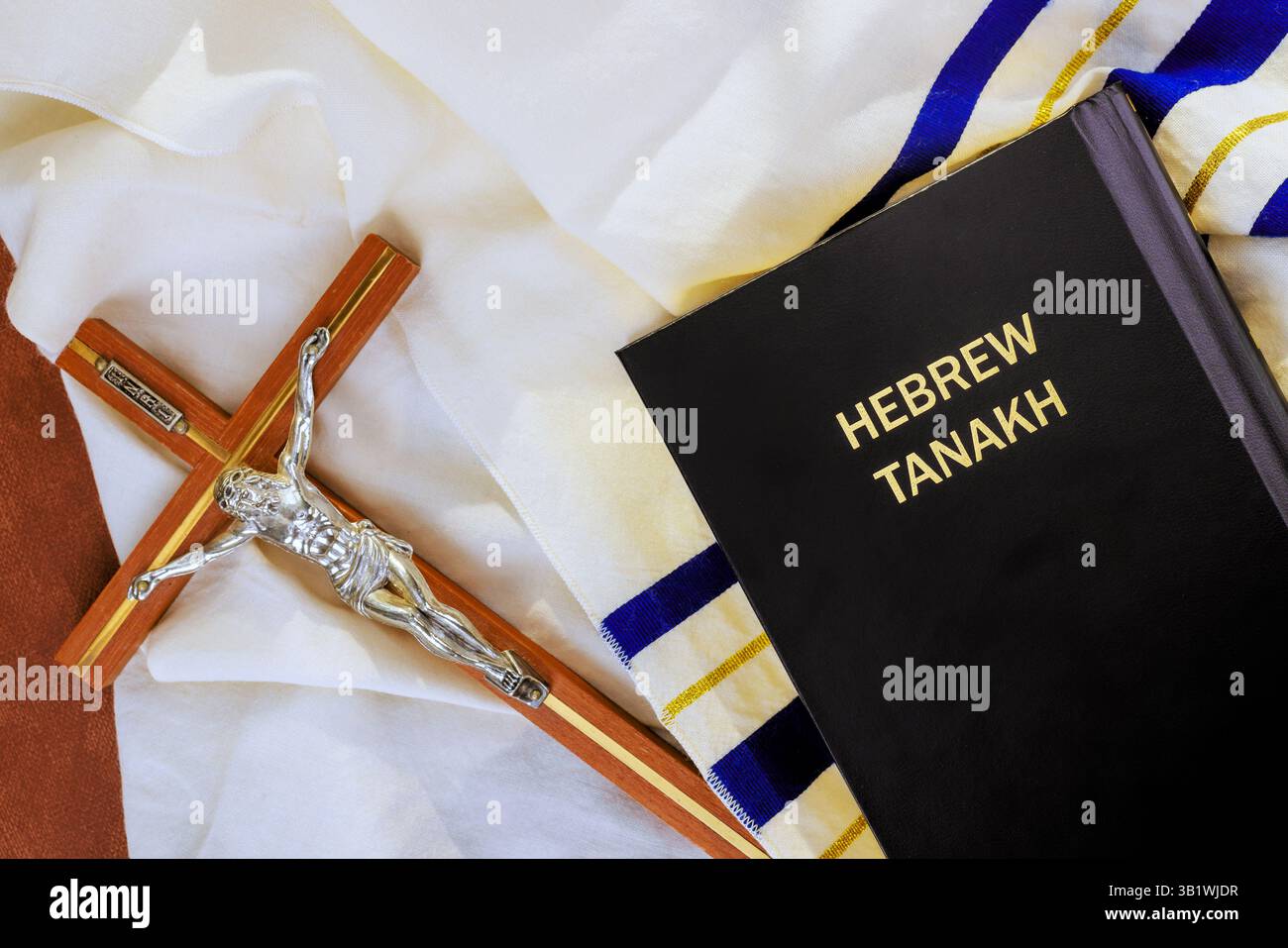 24 April 2025 Jerusalem Israel Crucifix, Hebrew Tanakh are on tallit ...