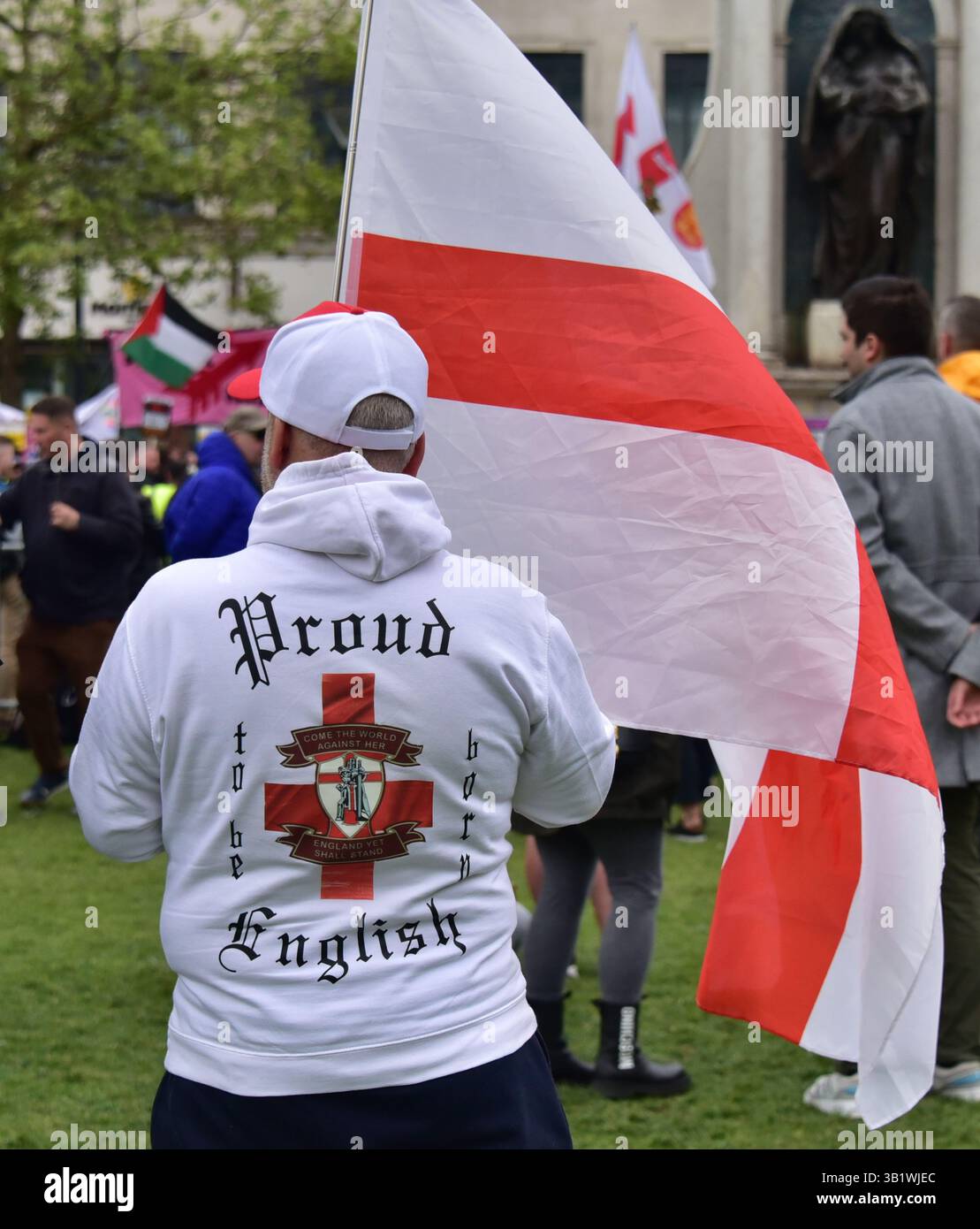 Manchester, UK, 26th April, 2025. Man wears hoodie with 'Proud to be ...