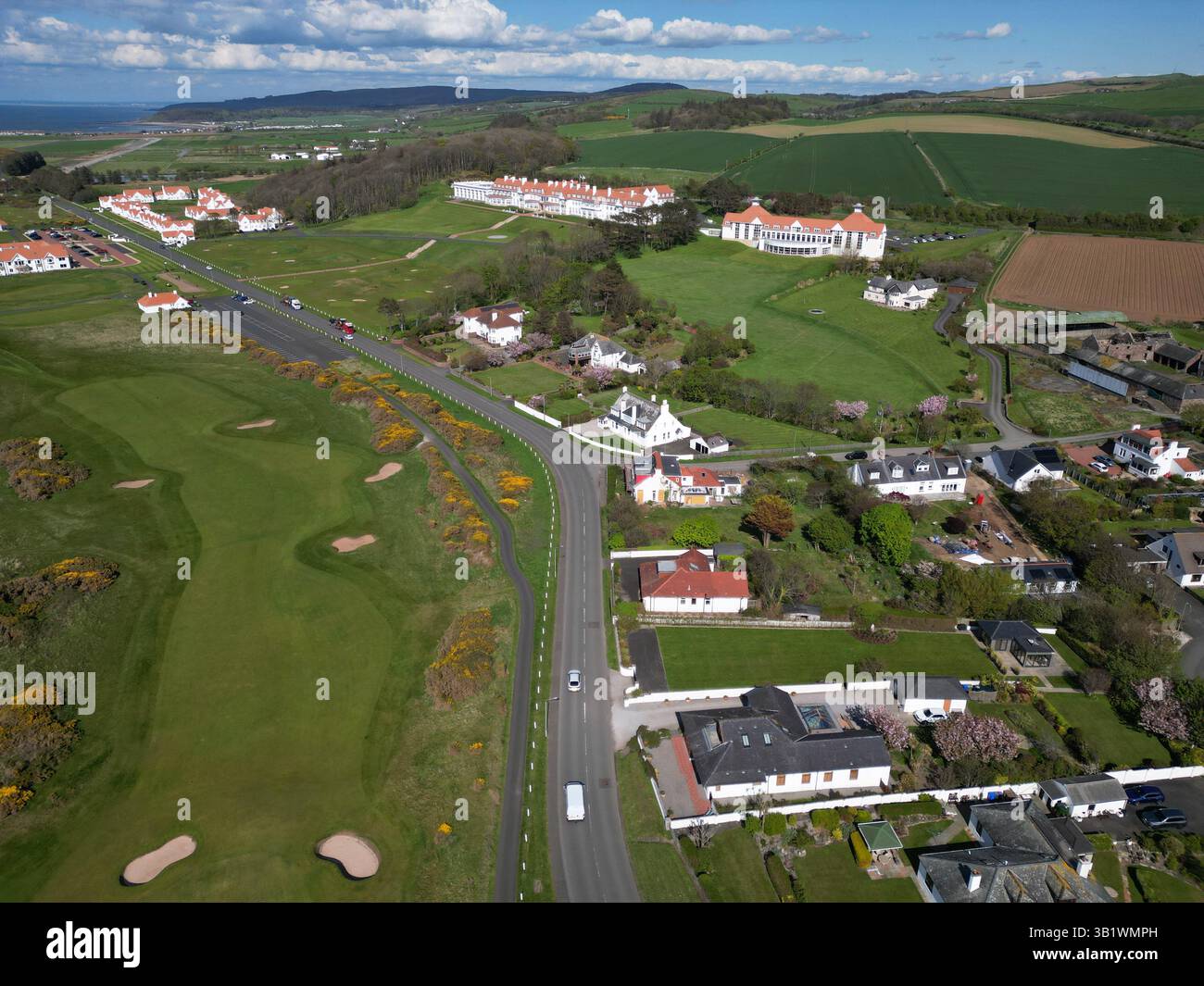 Aerial view of the Turnberry village and Trump Turnberry golf course near Girvan in South ...