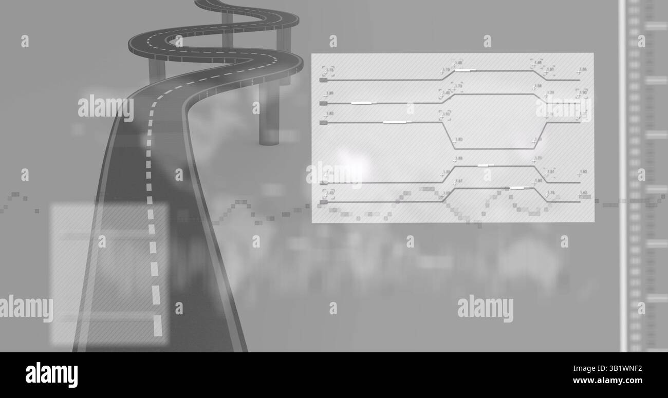 Image of graphs, world map over road on grey background Stock Photo - Alamy