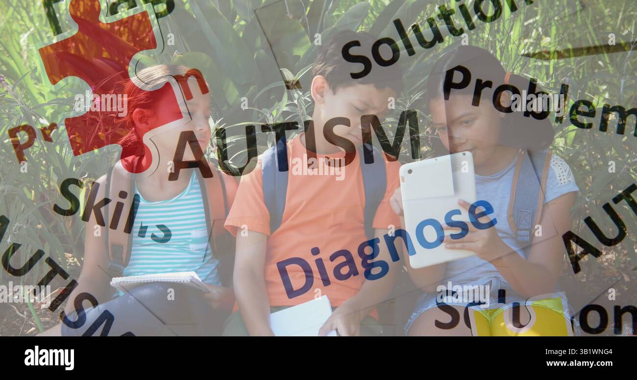 Image of colourful puzzle pieces and autism text over school children ...