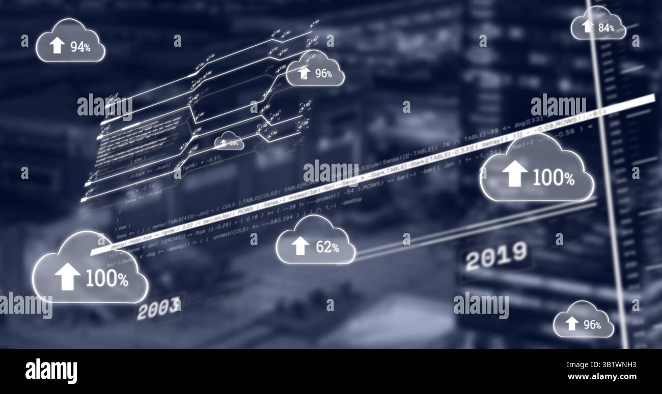 Image of clouds with uploading and data on blurred navy cityscape. global network, cloud ...