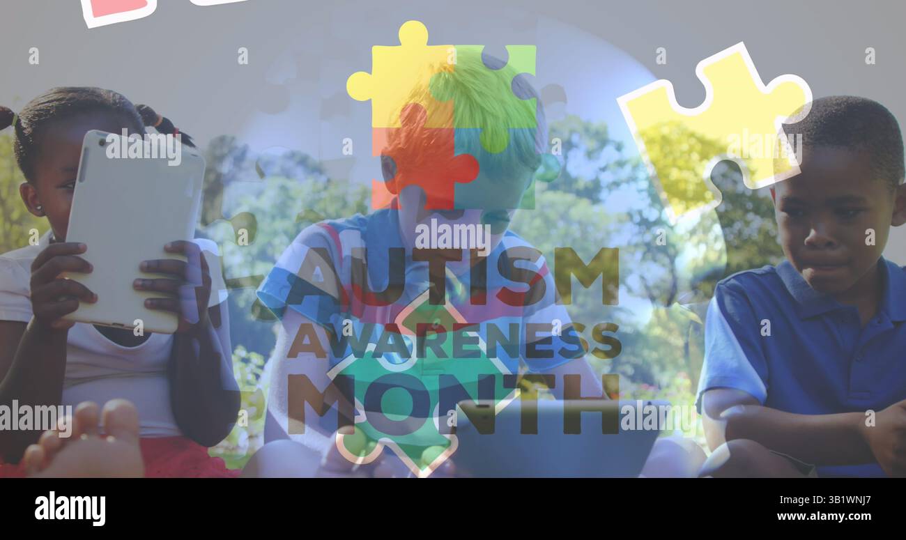 Image of colourful puzzle pieces and autism text over kids friends ...