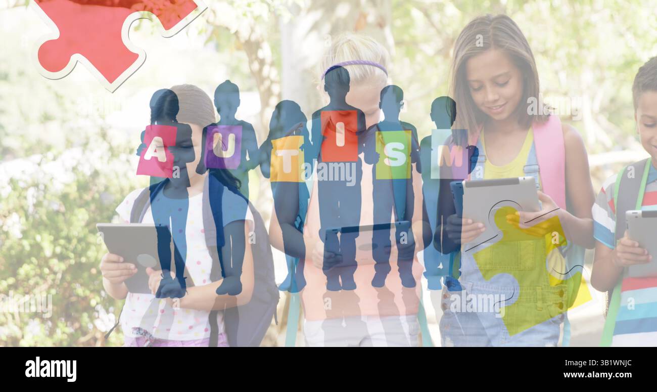 Image of colourful puzzle pieces and autism text over school children using tablets Stock Photo ...