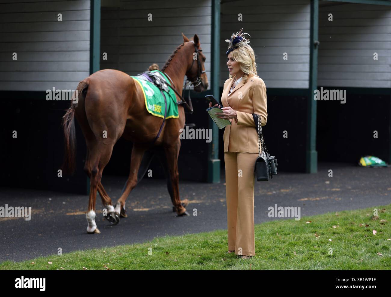 A racegoer in the pre-parade ring at Sandown Park Racecourse, Esher ...