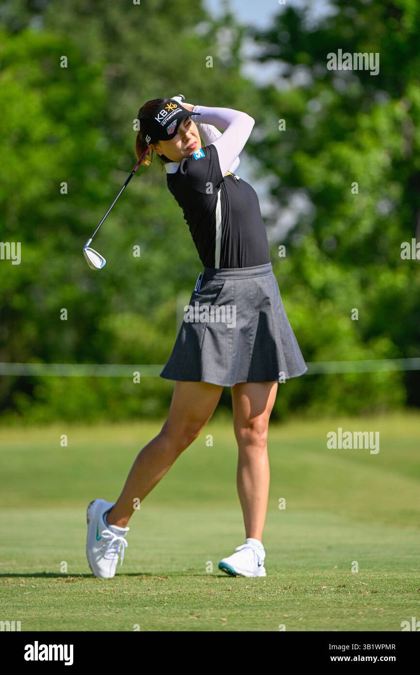 THE WOODLANDS, TX - APRIL 26: In Gee Chun (KOR) watches her tee shot on 3 during the third round ...