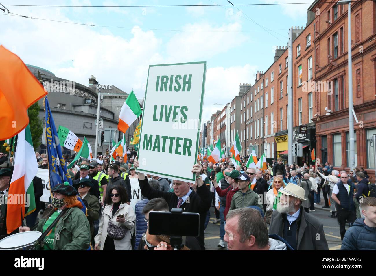 Dublin, Ireland - 26th April 2025 - An 'Irish Lives Matter' placard ...