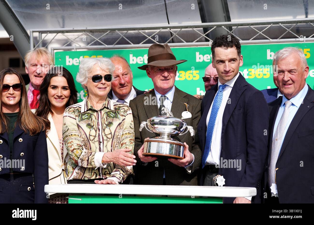 Trainer Willie Mullins with the Champion Jump trainer trophy at Sandown ...