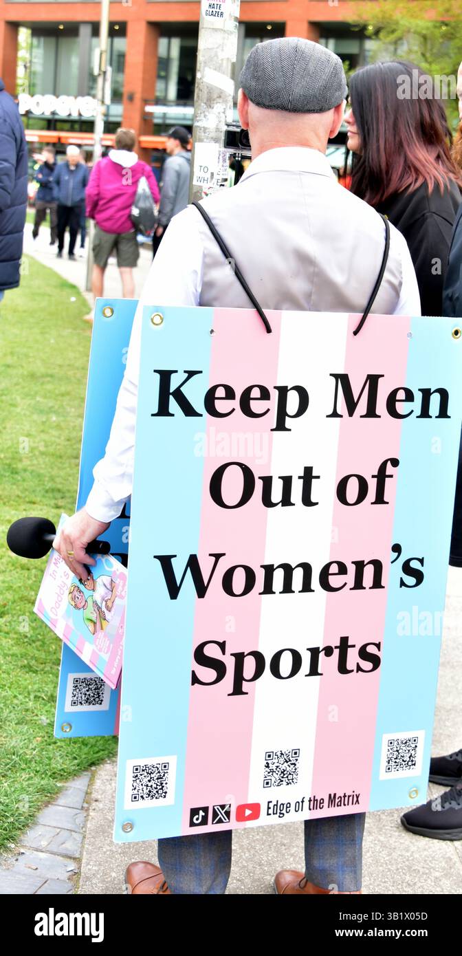 Manchester, UK, 26th April, 2025. Man wears placard reading: 'Keep men ...