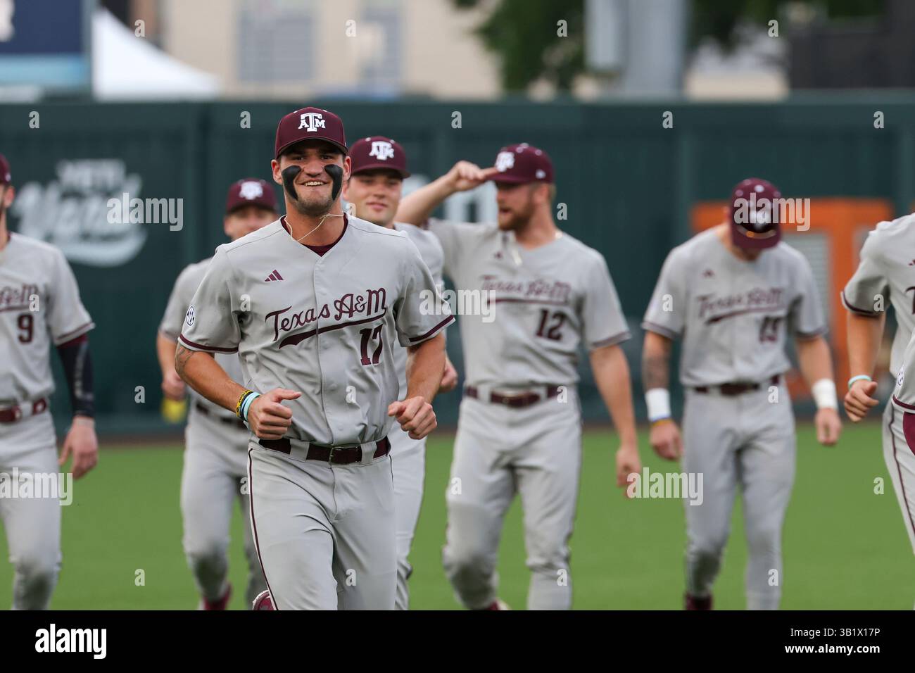 AUSTIN, TX - APRIL 25: Texas A&M outfielder Jace Laviolette (17) jogs ...