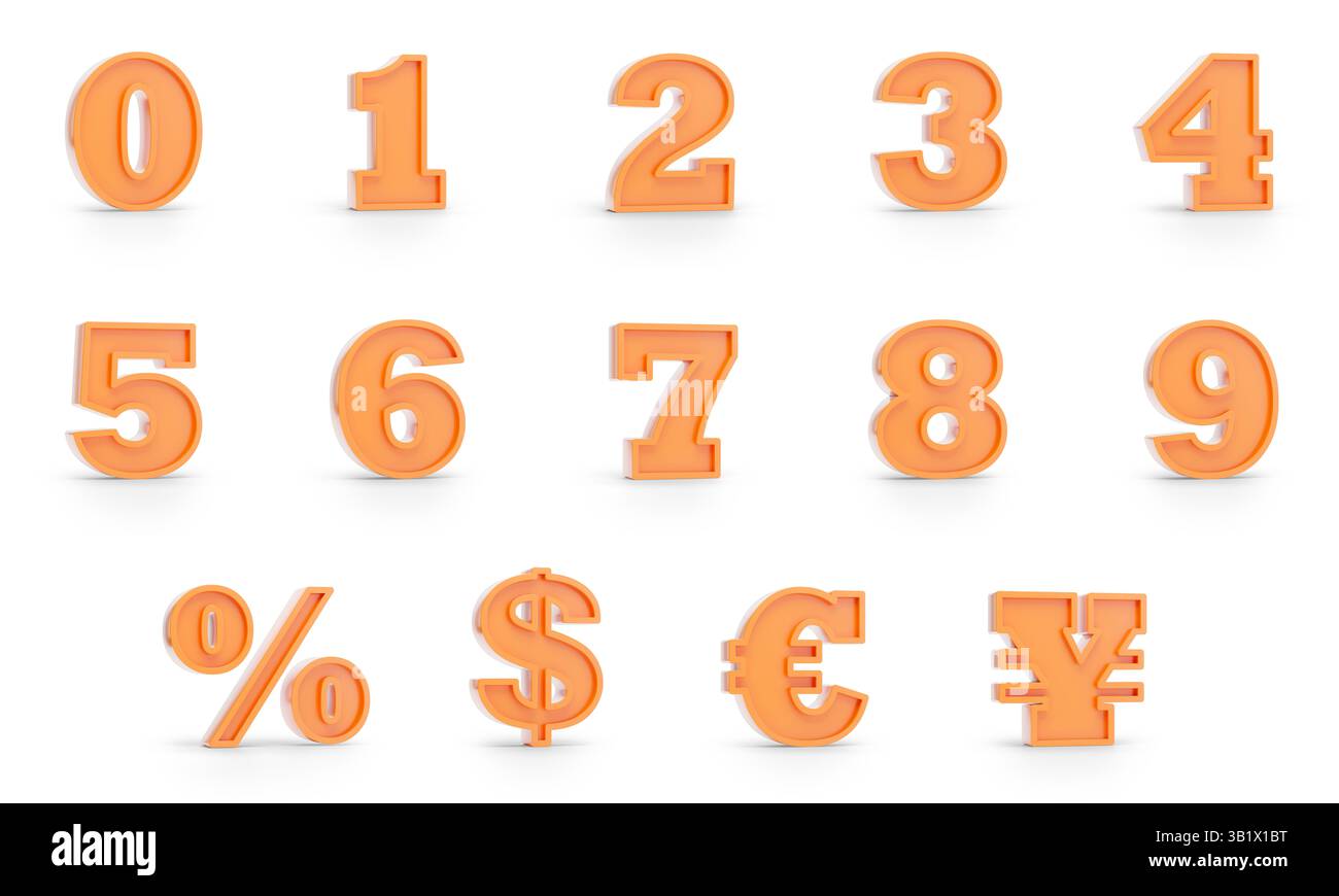 Numbers 0 to 9, currency signs, and percentages in three dimensions ...