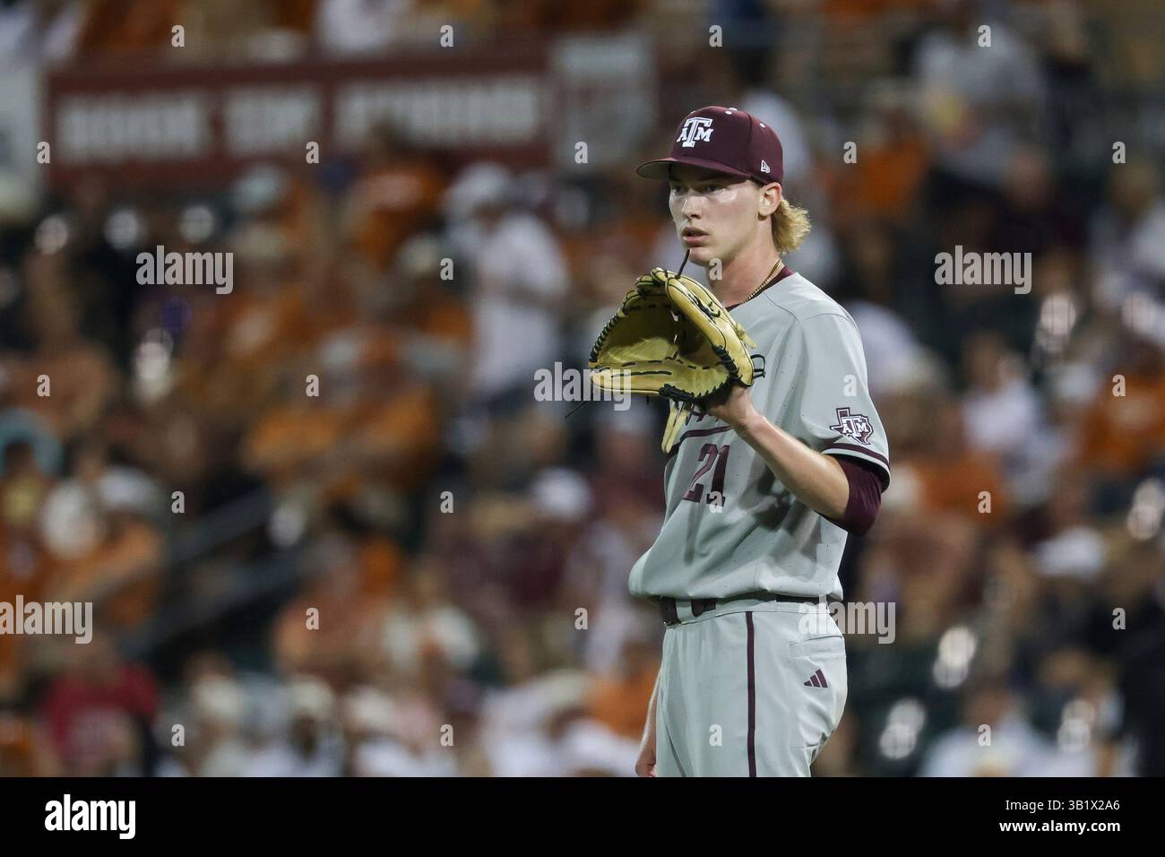 AUSTIN, TX - APRIL 25: Texas A&M pitcher Weston Moss (21) waits on the ...