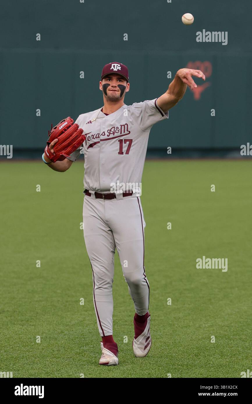 AUSTIN, TX - APRIL 25: Texas A&M outfielder Jace Laviolette (17) throws ...