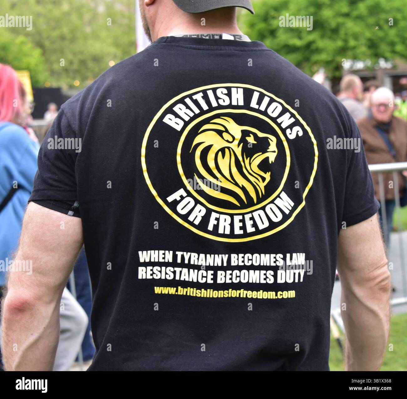 Manchester, UK, 26th April, 2025. Man wears British Lions for Freedom t ...