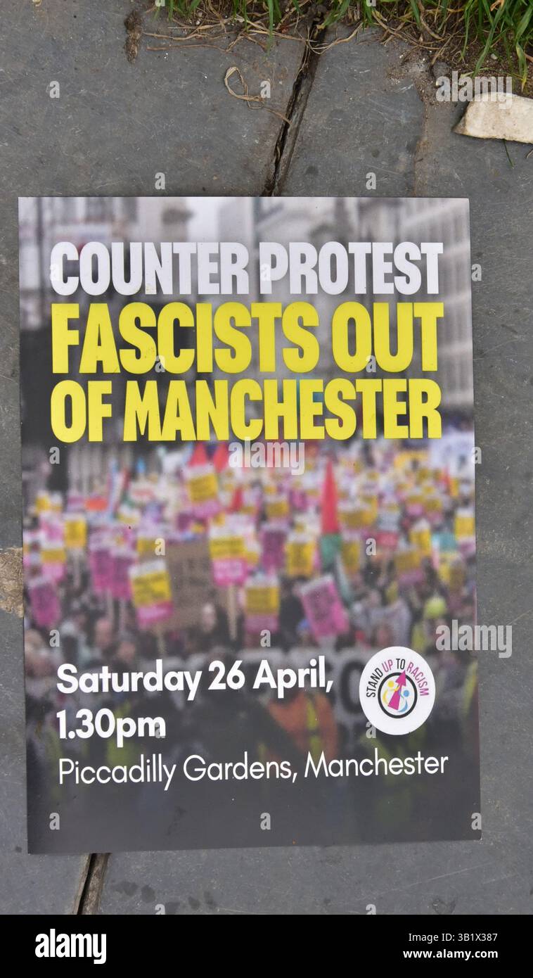 Manchester, UK, 26th April, 2025. Leaflet on ground advertises the ...