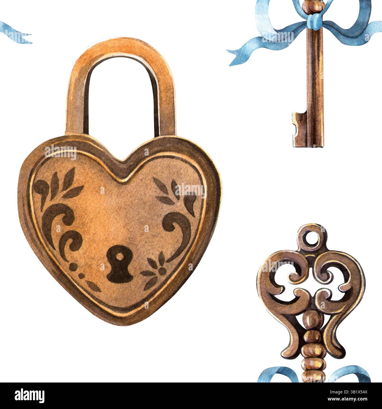 Elegant seamless pattern bronze lock heart and key with blue bow in ...