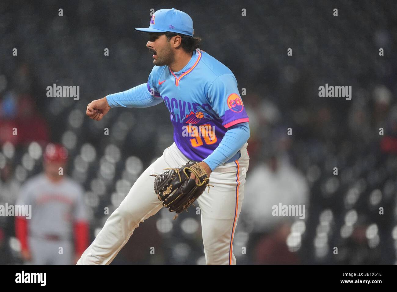 Colorado Rockies relief pitcher Zach Agnos (36) in the eighth inning of ...