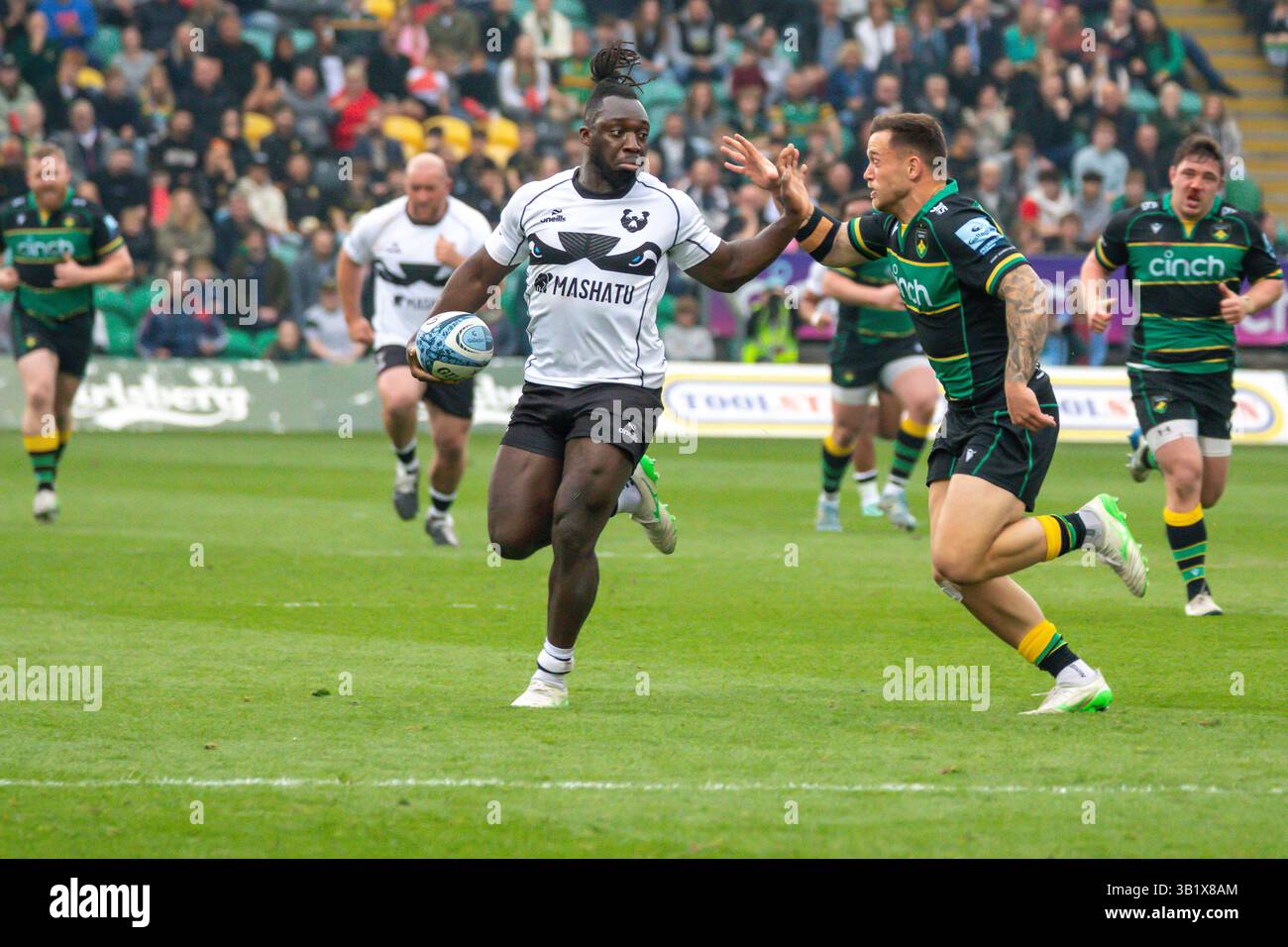 Northampton, UK, 26th April 2025 Bristol Bears winger Gabriel Ibitoye ...