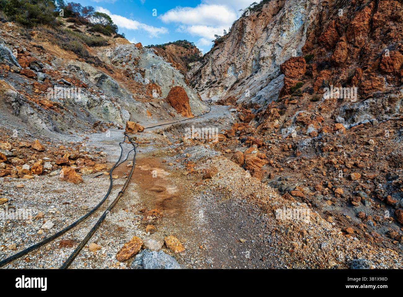 Dry volcanic terrain with rugged rocks, sulfur deposits, and geothermal ...