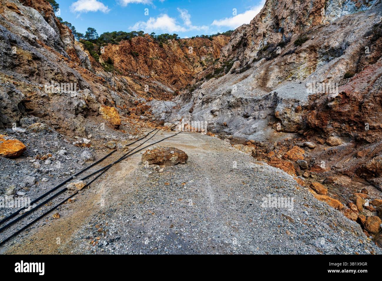 Dry volcanic terrain with rugged rocks, sulfur deposits, and geothermal ...