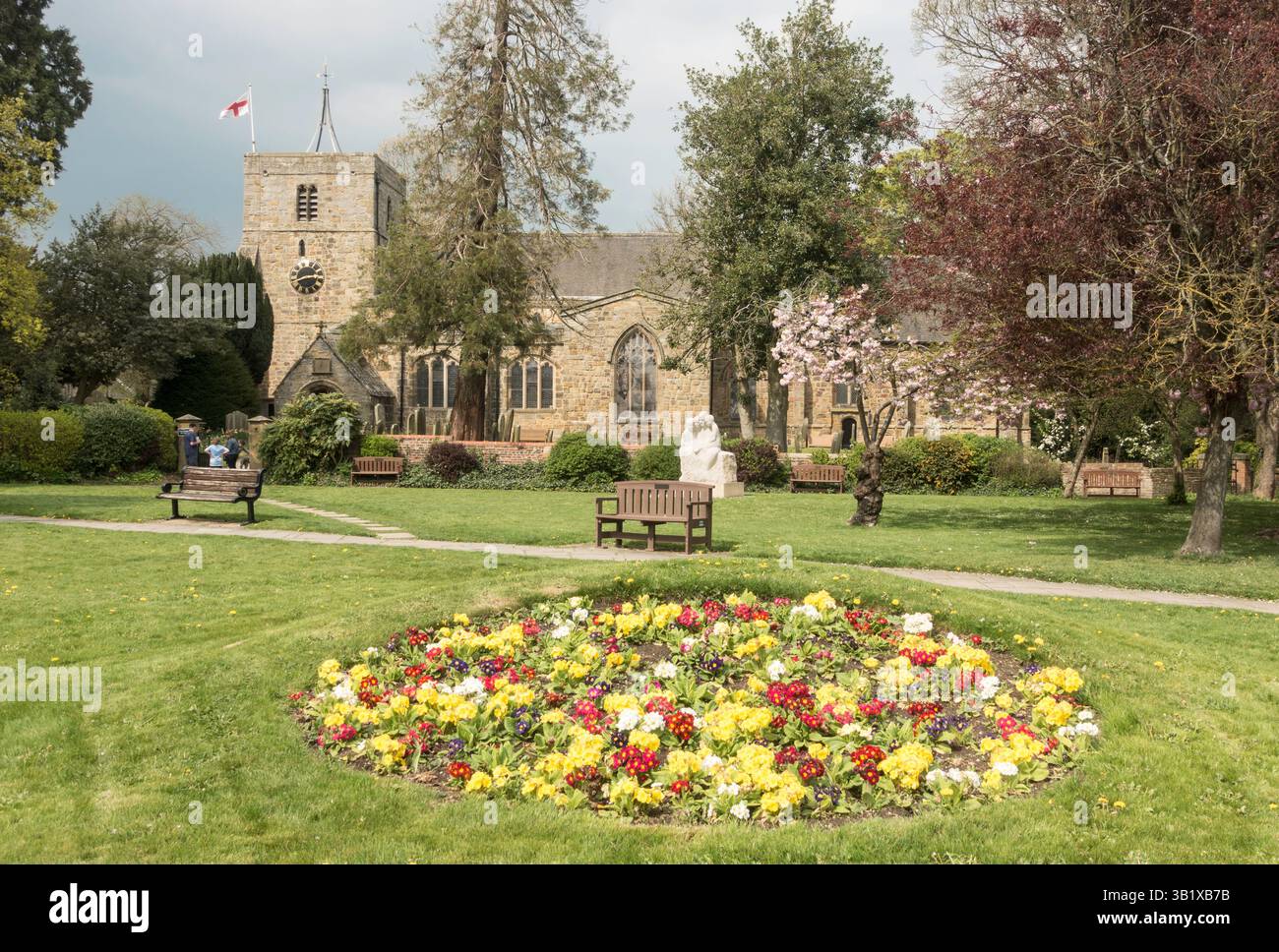 Spring floral display on Coates Green and St Marys church in Ponteland ...