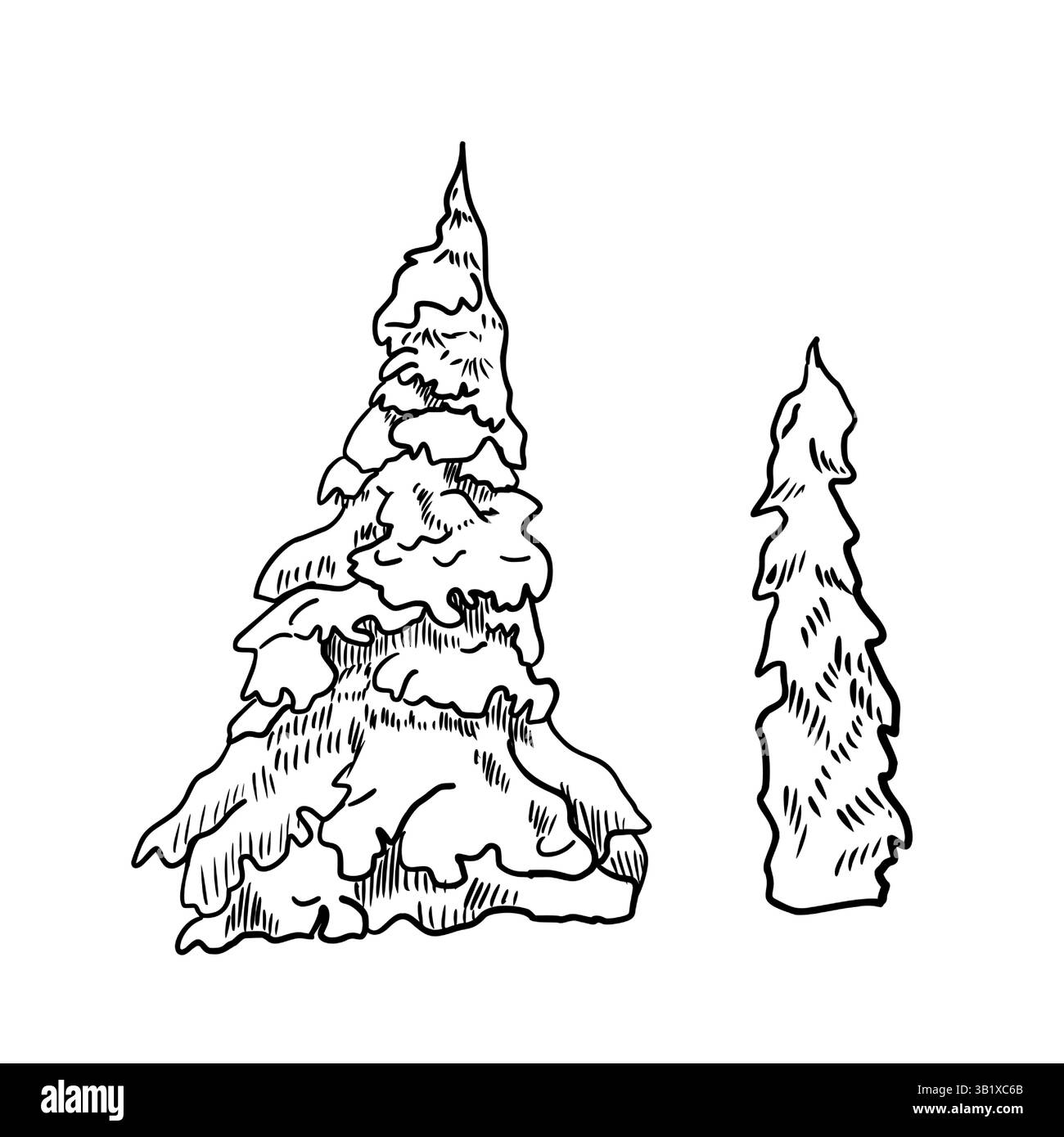 Snowy fir trees hand drawn black and white outline vector illustration ...