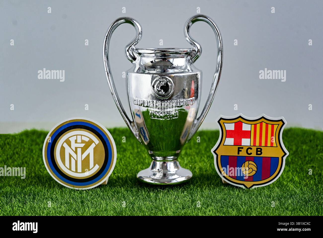 April 18, 2025, Munich, Germany. Emblems of the clubs participating in ...