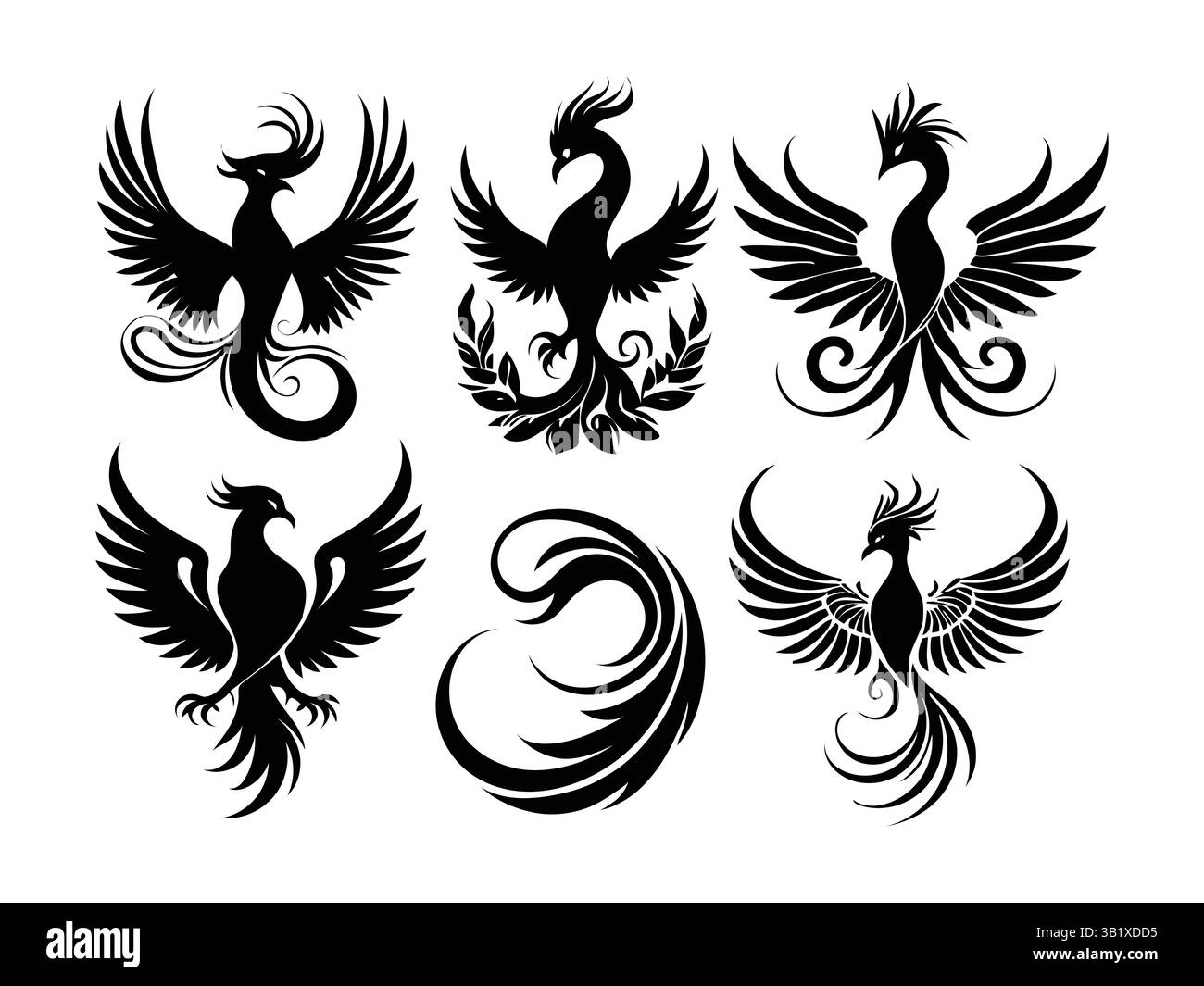 Phoenix Bird Tattoo Designs Vector Set Tribal Mythical Firebird Art ...