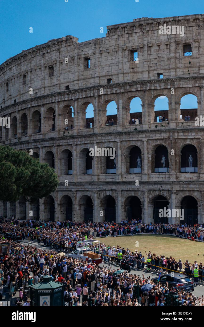 Rome, Italy - April 26, 2025: The line of cars in procession with the ...