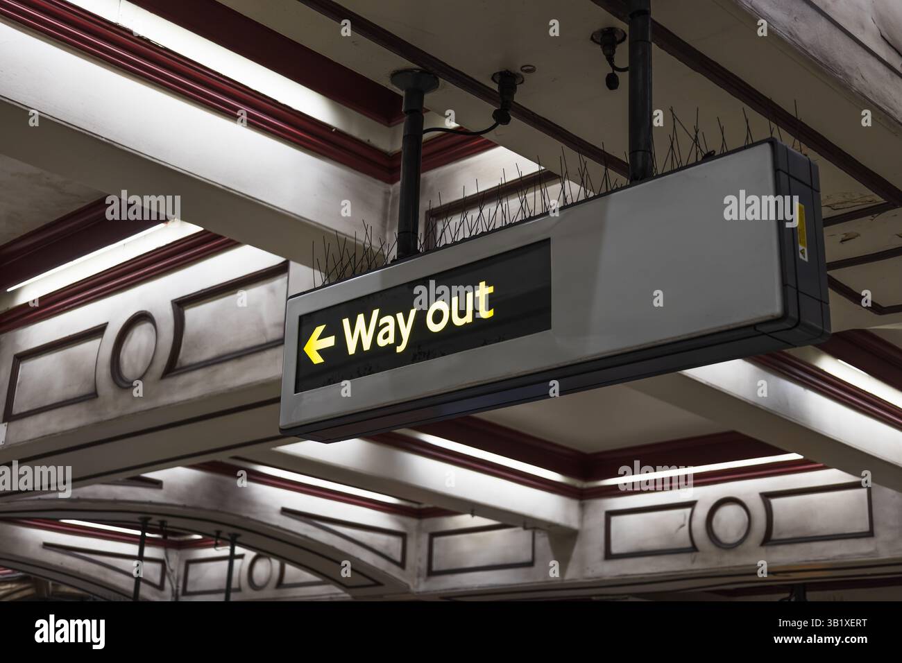 Illuminated Way Out Sign Hanging Inside Historic Train Station Ceiling ...