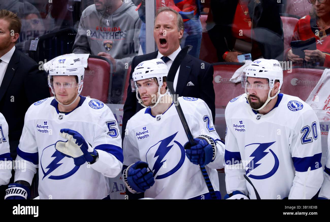Tampa Bay Lightning head coach Jon Cooper reacts against the Florida Panthers during the second ...