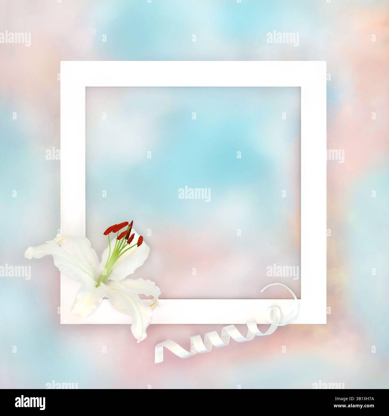 White lily flower and ribbon with sky cloud background frame. Abstract ...